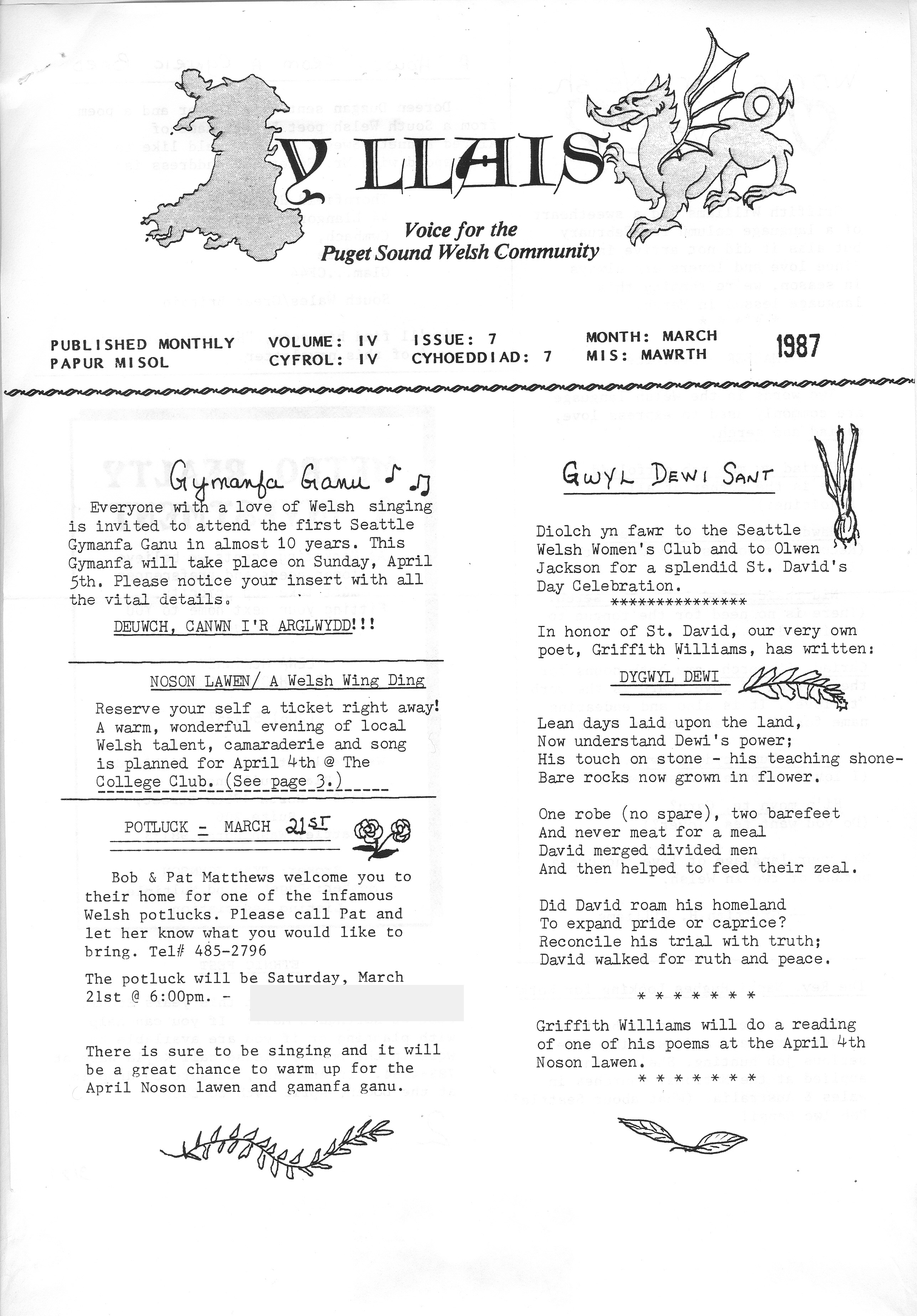 Y Llais, society newsletter Puget Sound Welsh Association, Seattle ...