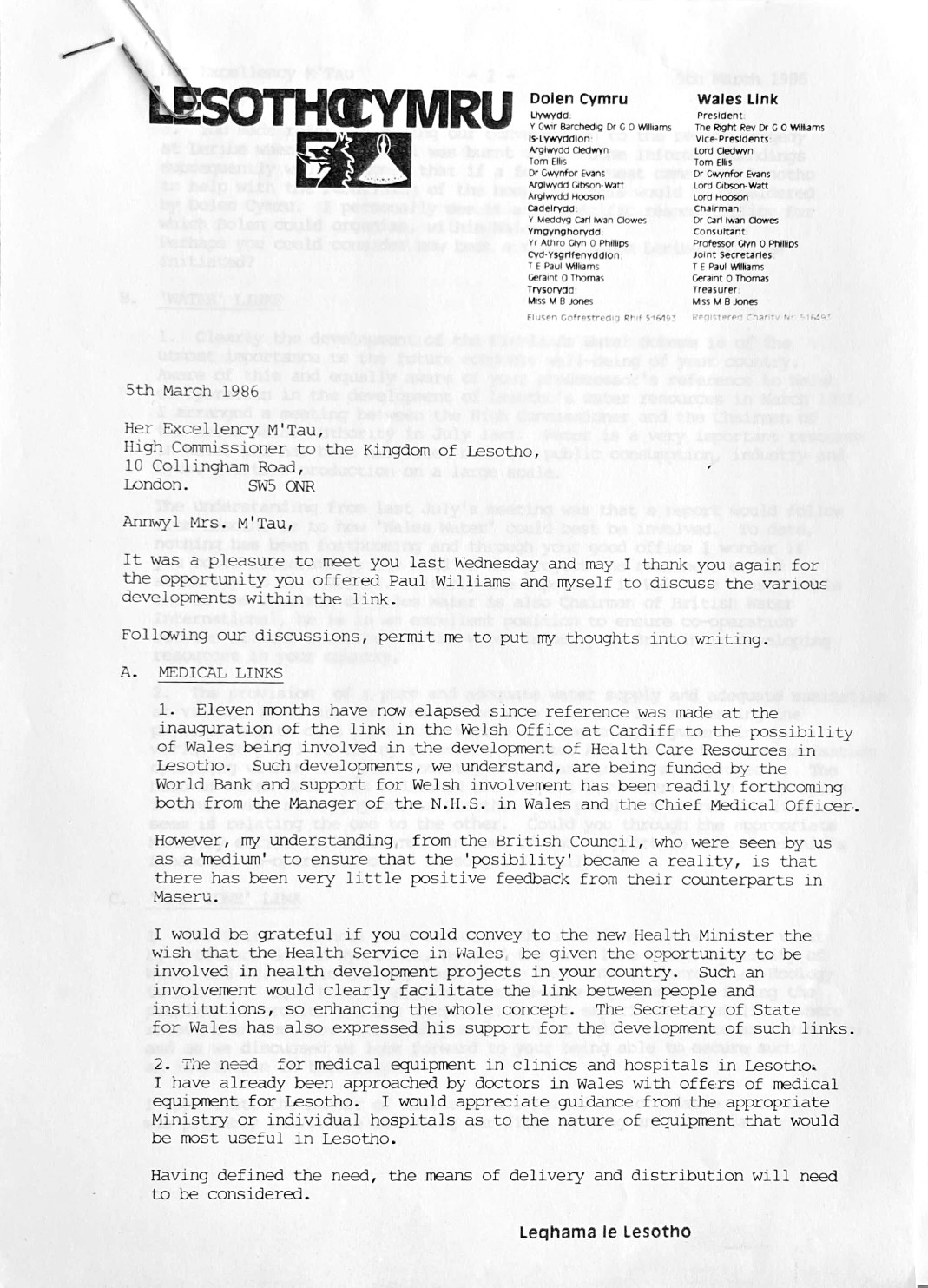 (1986) Letter to the High Commissioner of Lesotho discussing more ...