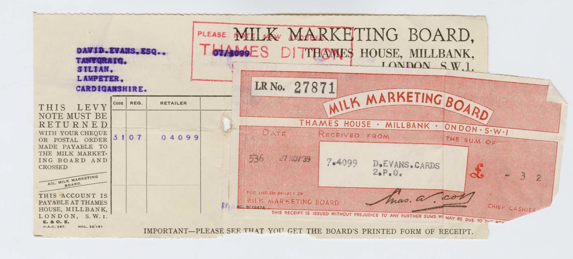 Milk Marketing Board Debit Note | Peoples Collection Wales