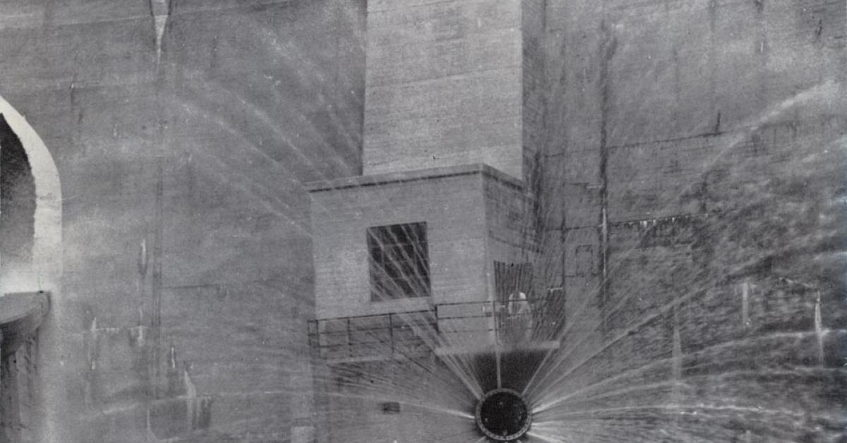 Dinas dam showing discharge regulator in action, Rheidol Hydro Electric ...
