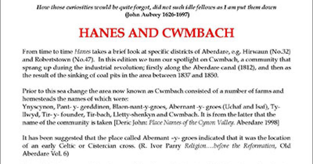 Hanes 56, Autumn 2011. Newsletter of the Cynon Valley History Society ...