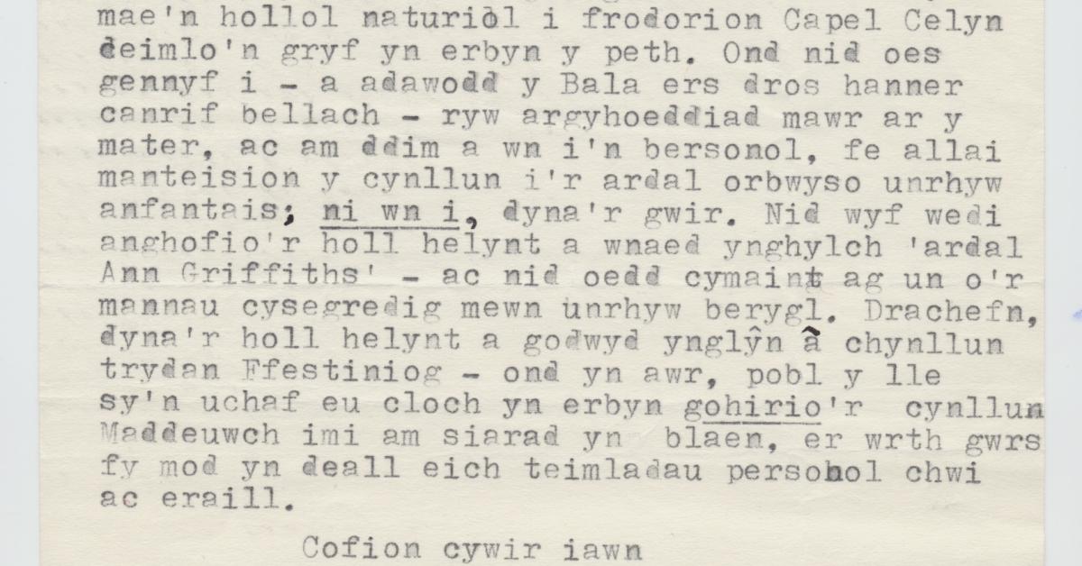 Letter from R. T. Jenkins to E. M. Watkin Jones, Secretary of the Capel ...