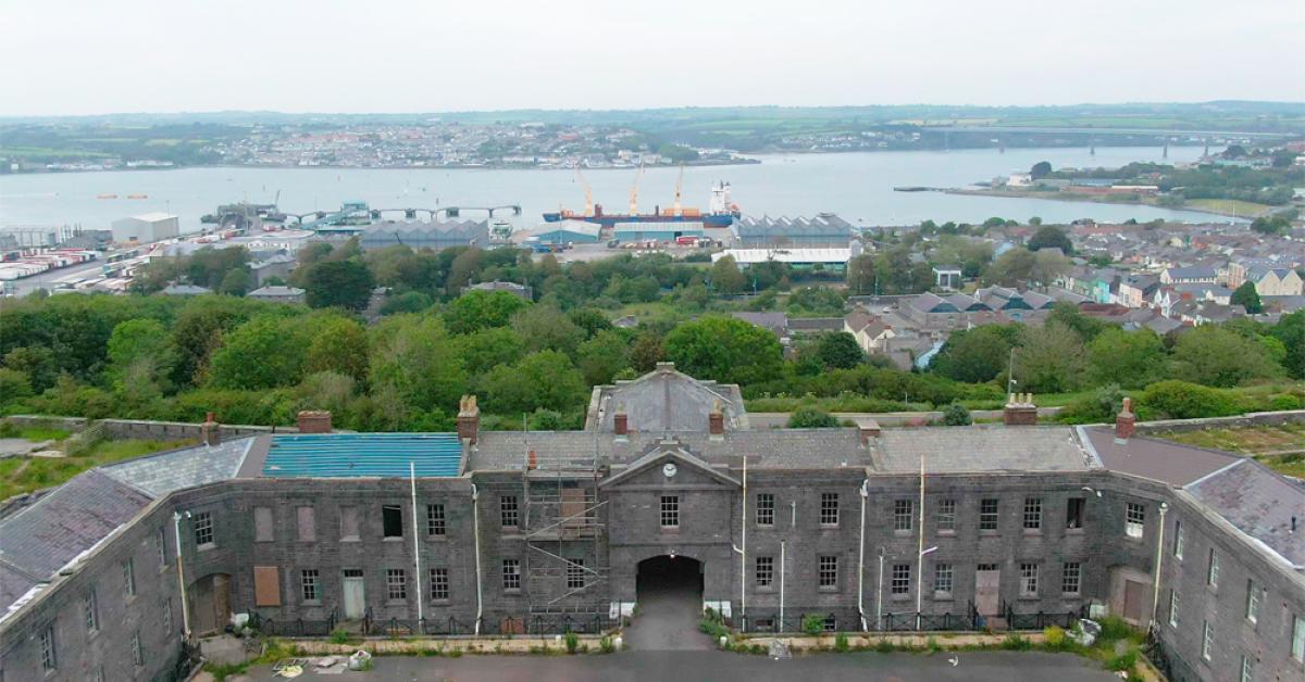 Aerial view of Pembroke Dock from the Defensible Barracks towards the ...