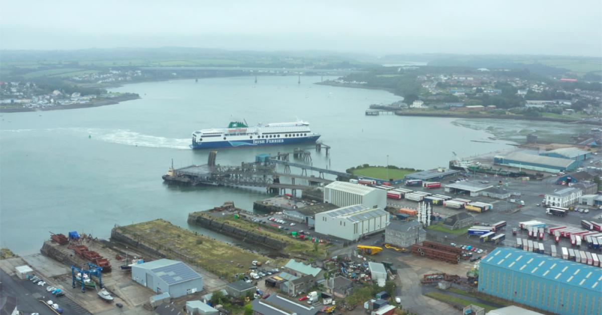 Aerial view of Pembroke Dock with an Irish Ferries vessel approaching ...
