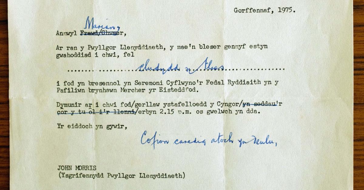 Llythyr gwahoddiad i gario y Fedel Ryddiaeth, Eisteddfod Bro Dwyfor ...