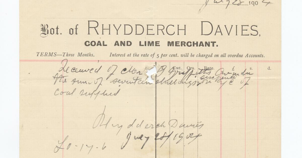 Receipt from Rhydderch Davies, Ffairfach, 28 July 1904 | People's ...