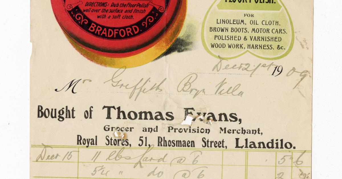Receipt from Thomas Evans, Llandilo / Llandeilo, 21 December 1909 ...